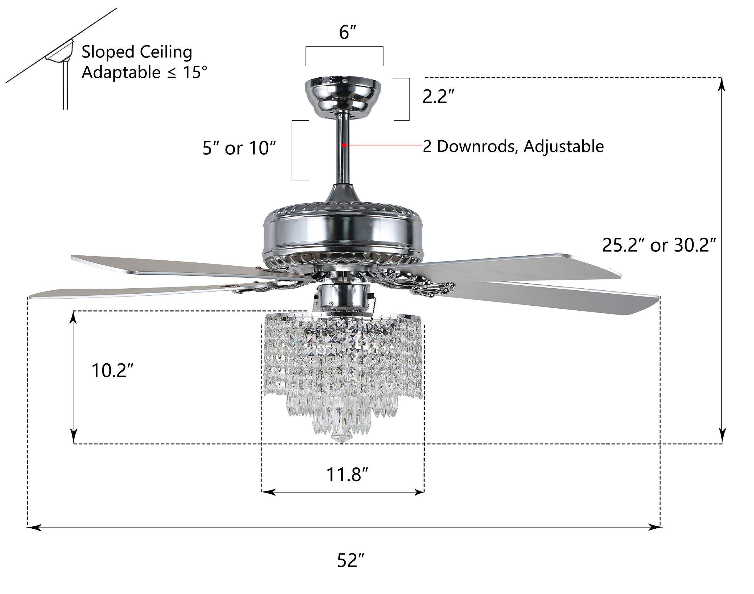 Bella Depot 52" Crystal Chandelier Ceiling Fan with Light and Remote, Dual-Sided Blades Modern Chandelier Fan for Living Room Dining Room Bedroom