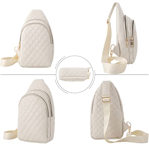 EMBRUNIOICE PU Leather Sling Bag for Women Quilted Crossbody Sling Backpack for Cycling Hiking Travel(Cream)