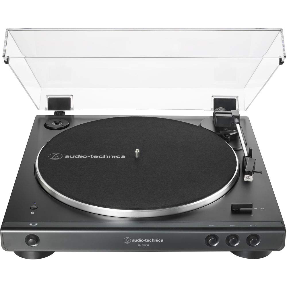 Audio-Technica AT-LP60XBT Stereo Turntable with Bluetooth (Black) + Samson Powered Studio Monitors + Samson Headphones + Dual Adapter Cable + Rip Ties - Deluxe Bundle
