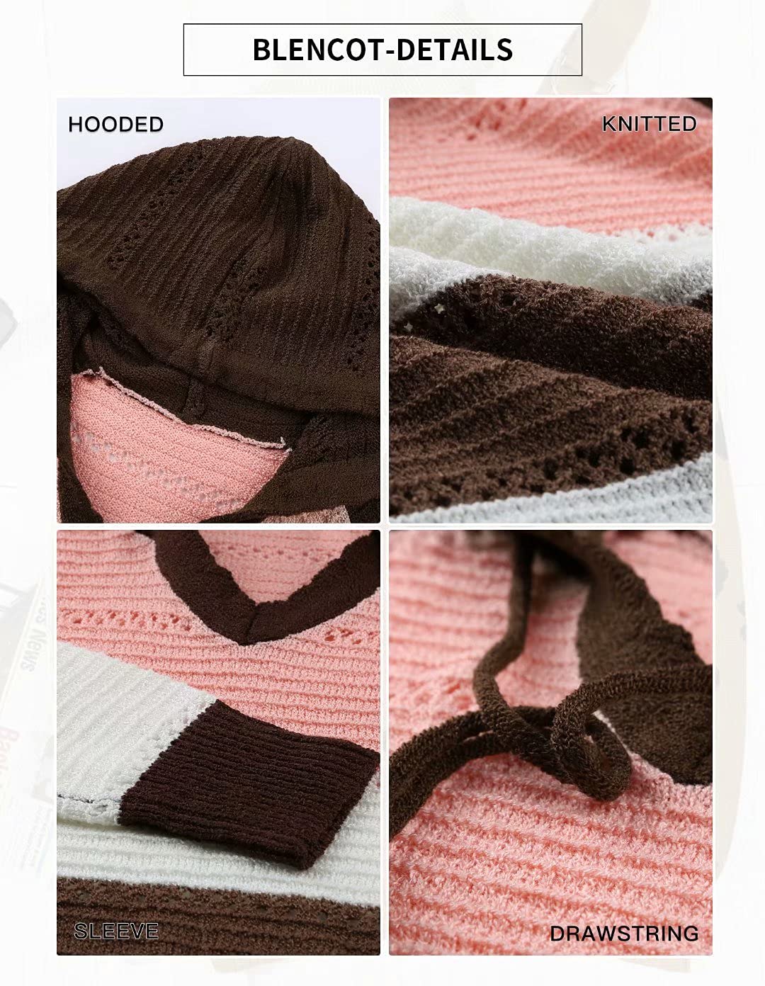 BLENCOT Women's Cute Color Block Drawstring Pullover Sweatshirts Fashion Knitted Tops Autumn Long Sleeve Hoodies Sweater Brown L