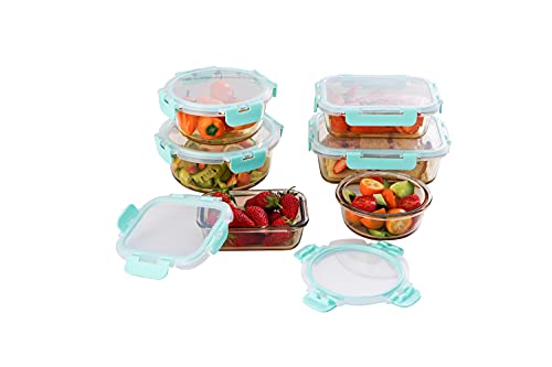 Emica Glass Food Container Set-6 Pack, Glass Amber Color Meal Prep Containers, Food Prep Containers Glass with Lids, Airtight Glass Bento Boxes (6 Containers & 6 Lids)