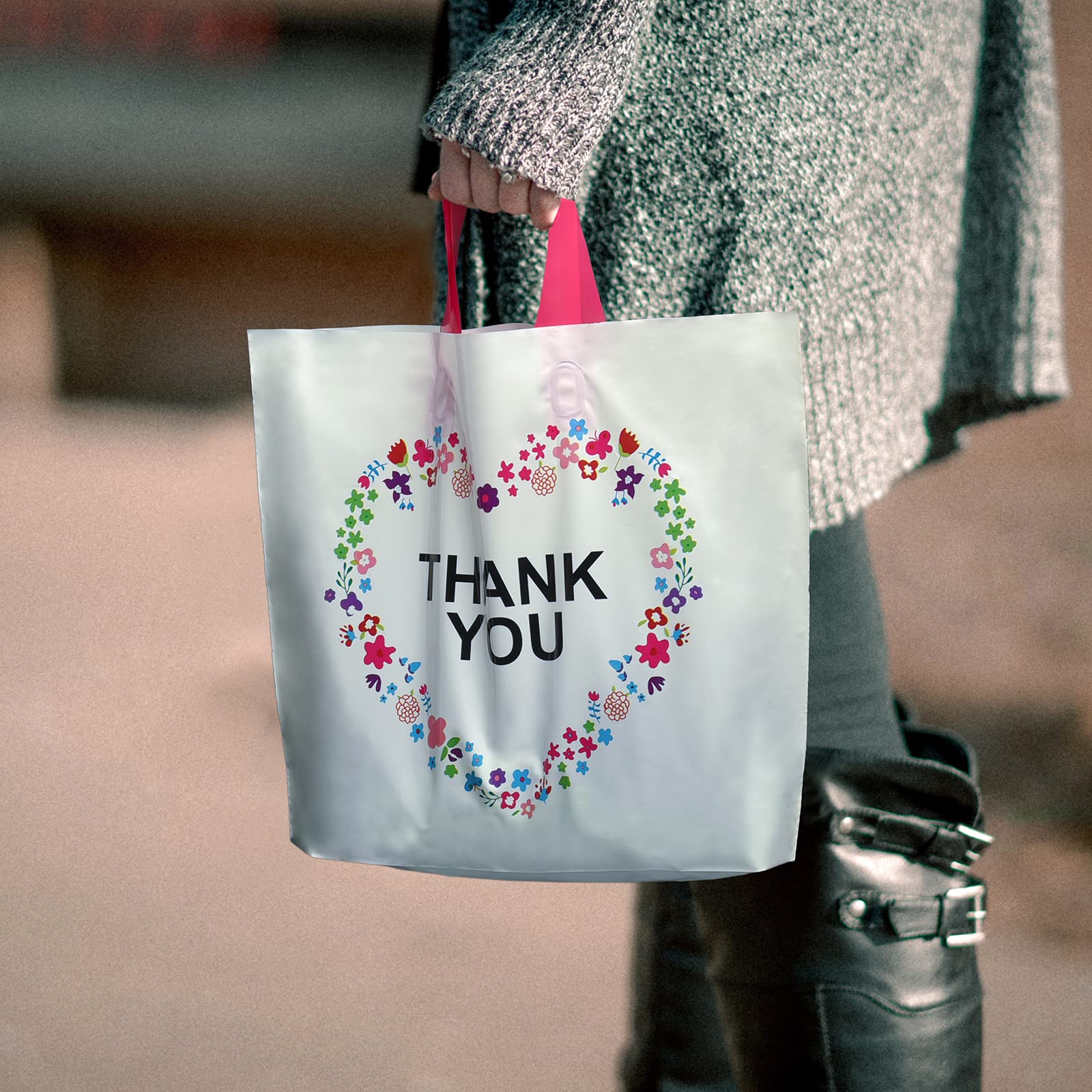 inkalfa 24 Pcs Beige Thank You Bags,Gift Bags with Soft Loop Handle,Plastic Bags Boutique Bags,Size:15"x12"x3"(38 * 30 * 8CM 2.8 Mil.