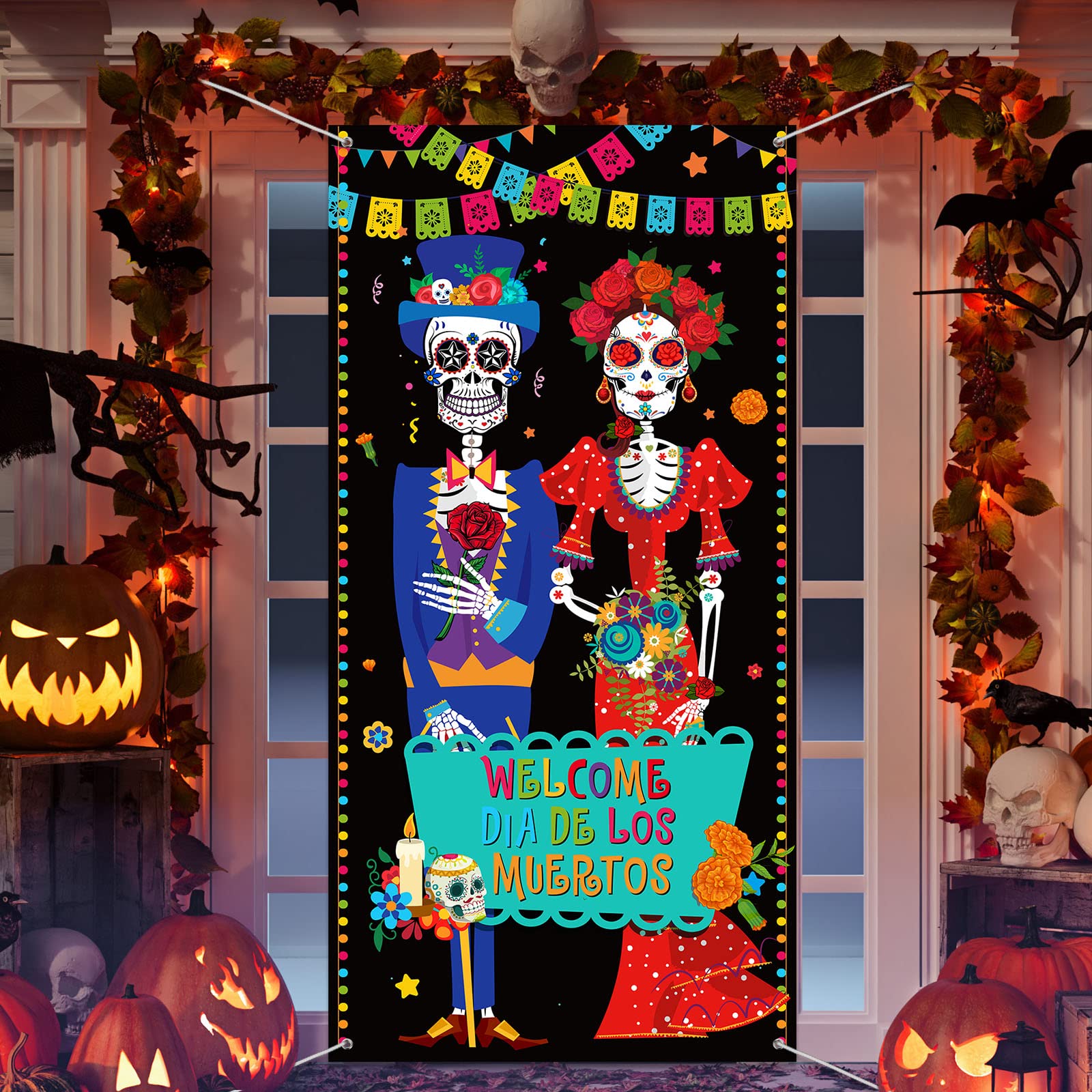 Mexican Day of The Dead Porch Sign Door Banner, Mexico Dia De Los Muertos Sugar Skull Sign Hanging Door Cover Home Wall Decor for Indoor Outdoor Halloween Fiesta Baby Shower Birthday Party Supplies