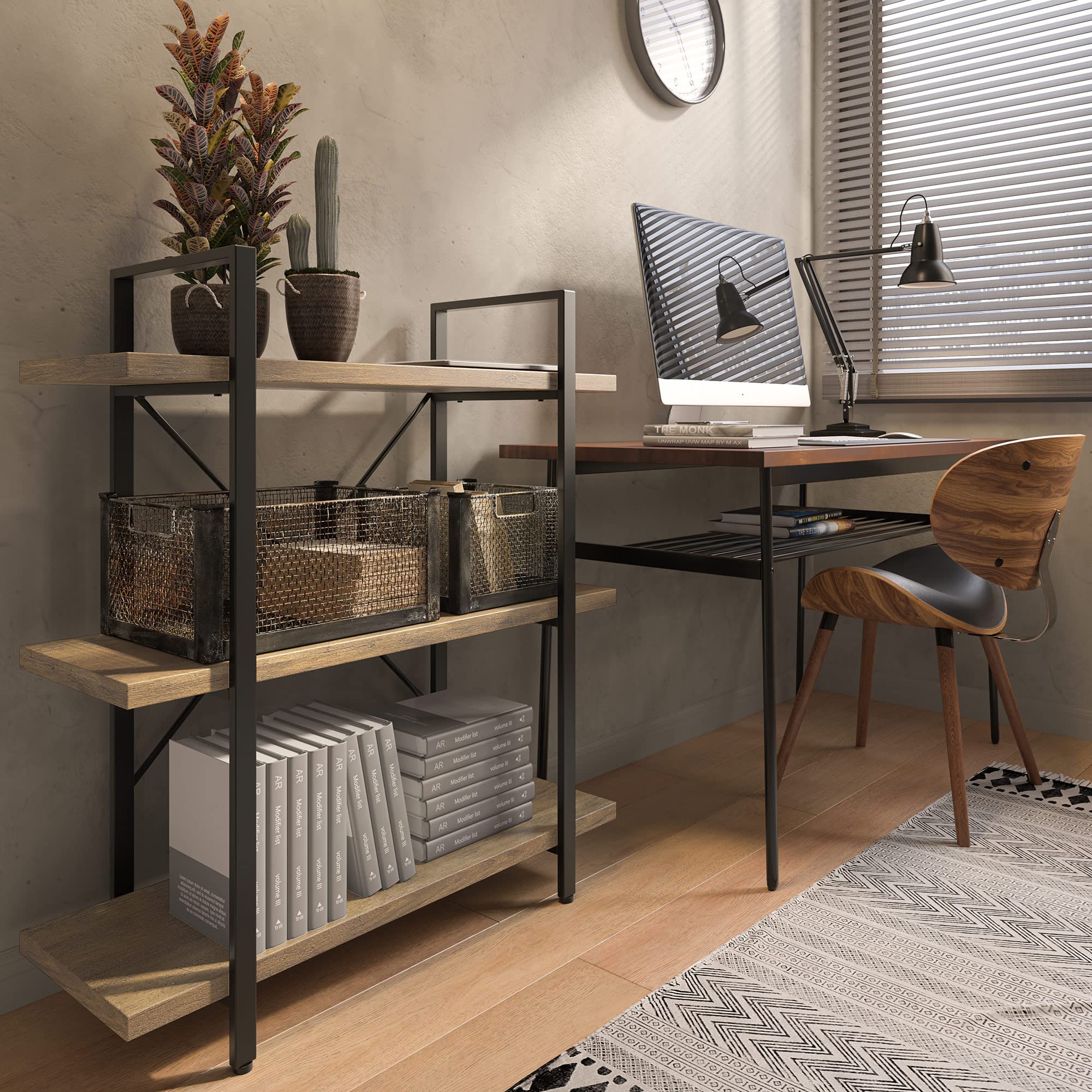 BELLEZE 3 Tier Modern Rustic Industrial Bookshelf, Open Wide Office Etagere Book Shelf, Wood and Metal Bookcases with Storage Display Rack - Hazel (Rustic Oak)