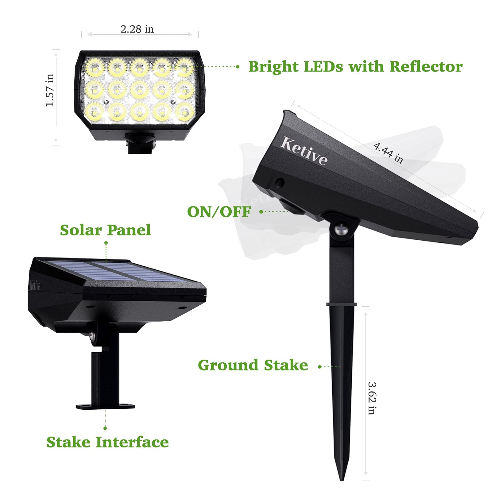 ketive Solar Outdoor Lights Garden, 15 LEDs Bright Solar Landscape Spotlights Waterproof, Auto-ON/Off Last a Whole Night Yard Lights, Cold White, 10 Pack
