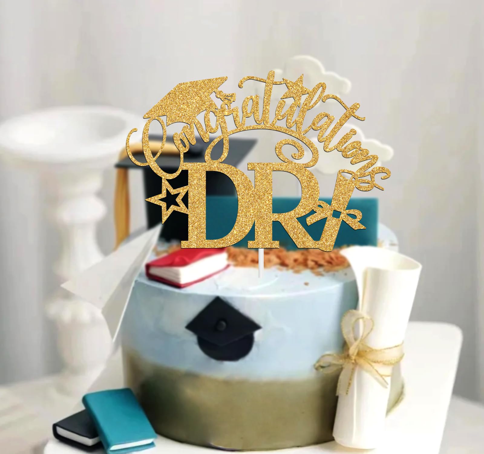 Congratulations DR Cake Topper, Congrats Grad/Doctoral Degree Cake Decor, Class of 2024 Graduation Party Decorations Supplies, Gold Glitter
