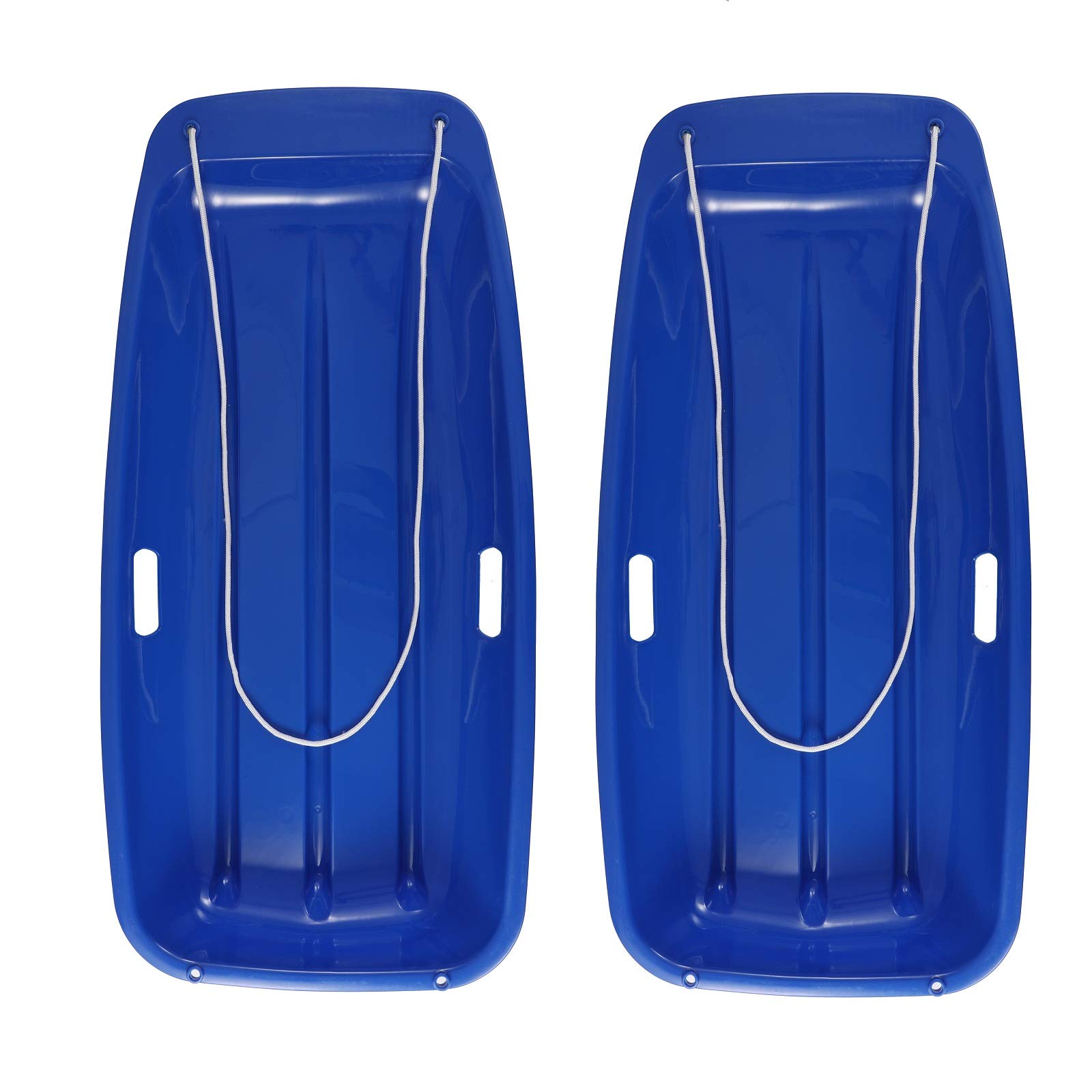 Bonnlo 2 Packs Toboggan Snow Sled, 35'' Heavy Duty Plastic Winter Downhill Sleds w/Pull Rope & 2 Handles for Kids (Blue)