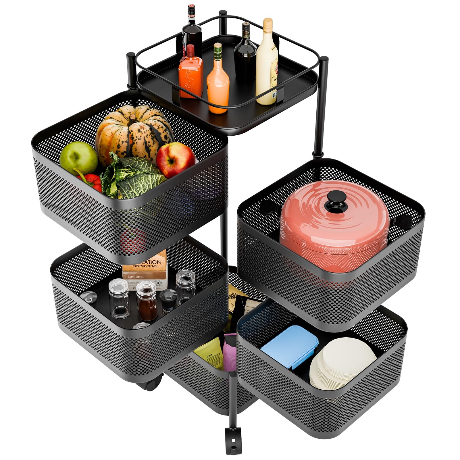 clinmday Rotating Storage Rack for Kitchen, 5-Tier Multi Layer Removable Basket Shelf Organizer on Rolling Wheels Rolling Shelf for Fruit Vegetable Grocery Corns Potato Onion (5-Tier, Black) Black 5-