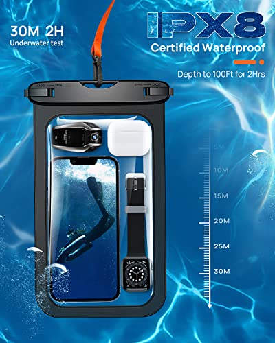 Lanhiem 10.5" Large Waterproof Phone Pouch, 2 Pack Universal IPX8 Waterproof Dry Bag with Lanyard for iPhone 14/13/12 Pro Max, Samsung Galaxy S23 Ultra, S22 S21 S20 FE, Google Pixel 7 6A, Black+Black