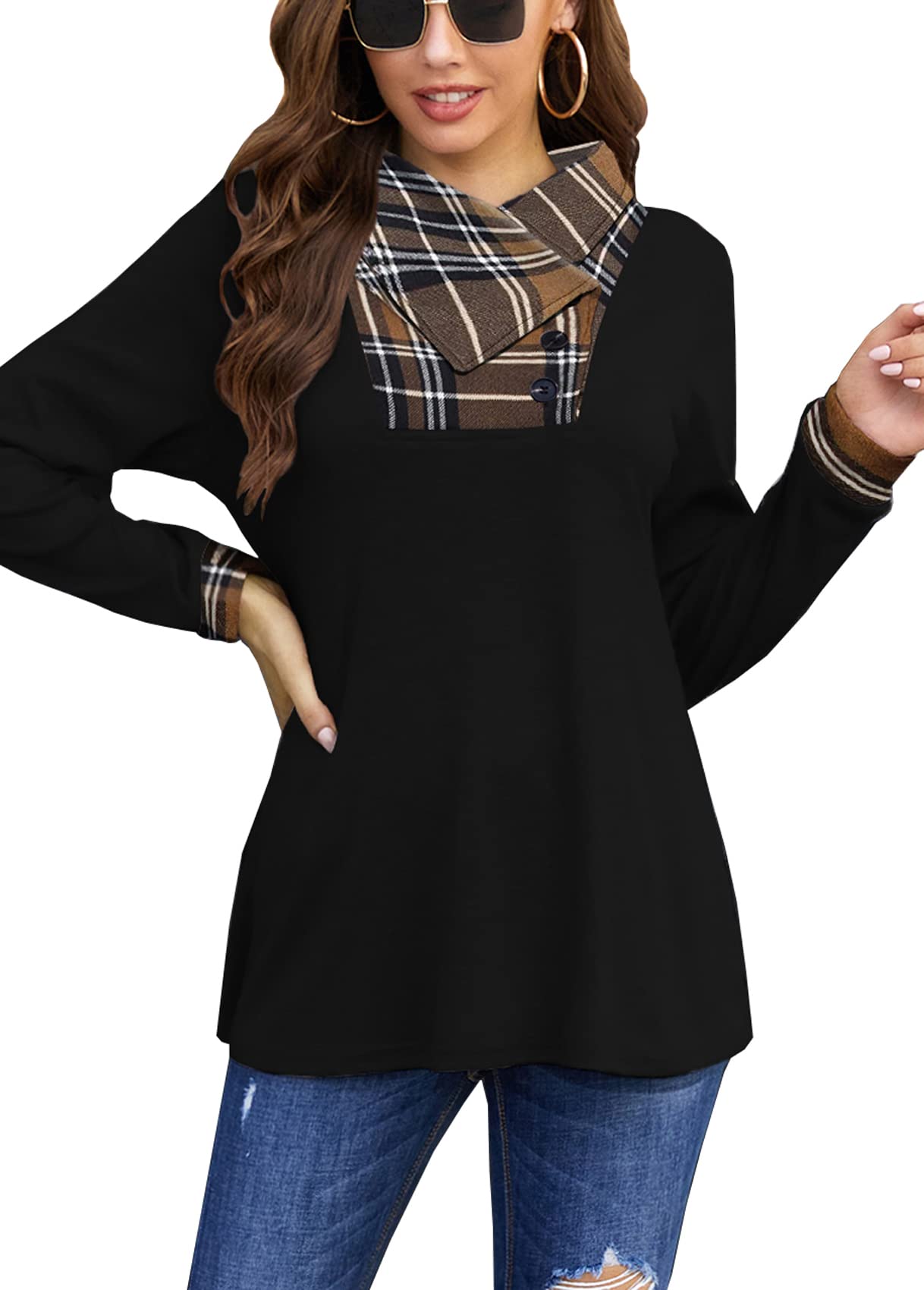 Bluetime Women's Long Sleeve Button Lapel Pullover Tunic Swing Sweatshirt Khaki Plaid L