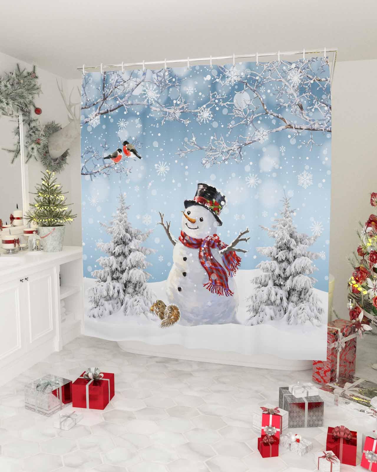 BEMIGO Christmas Tree Snowman Shower Curtains for Bathroom, Xmas Tree Farmhouse Fabric Waterproof Shower Curtain Set with Hooks, Christmas Vacation Decorations Bathroom Accessories 72x72inch