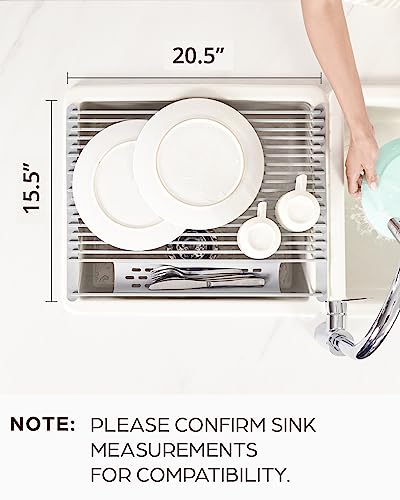 Large Dish Drying Rack for Kitchen Sink - Over Sink Dish Drying Rack to Dry Dishes & Drain Items - Modern & Stylish Dish Rack Set with Extra Side Tray - Space-Saving Roll-Up Counter Drainboard - Grey