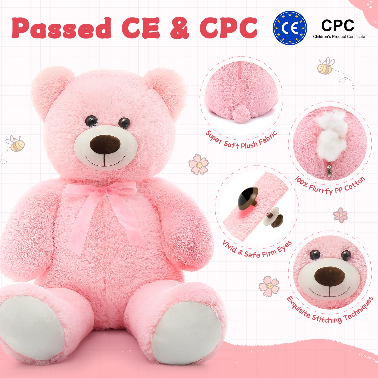 MorisMos Giant Teddy Bear Stuffed Animal 3 ft, 36'' Large Pink Teddy Bear,Big Teddy Bear for Baby Shower Decor,Soft Stuffed Bear Plush Gift for Kid Birthday Christmas Girlfriend Valentine's Day,Pink