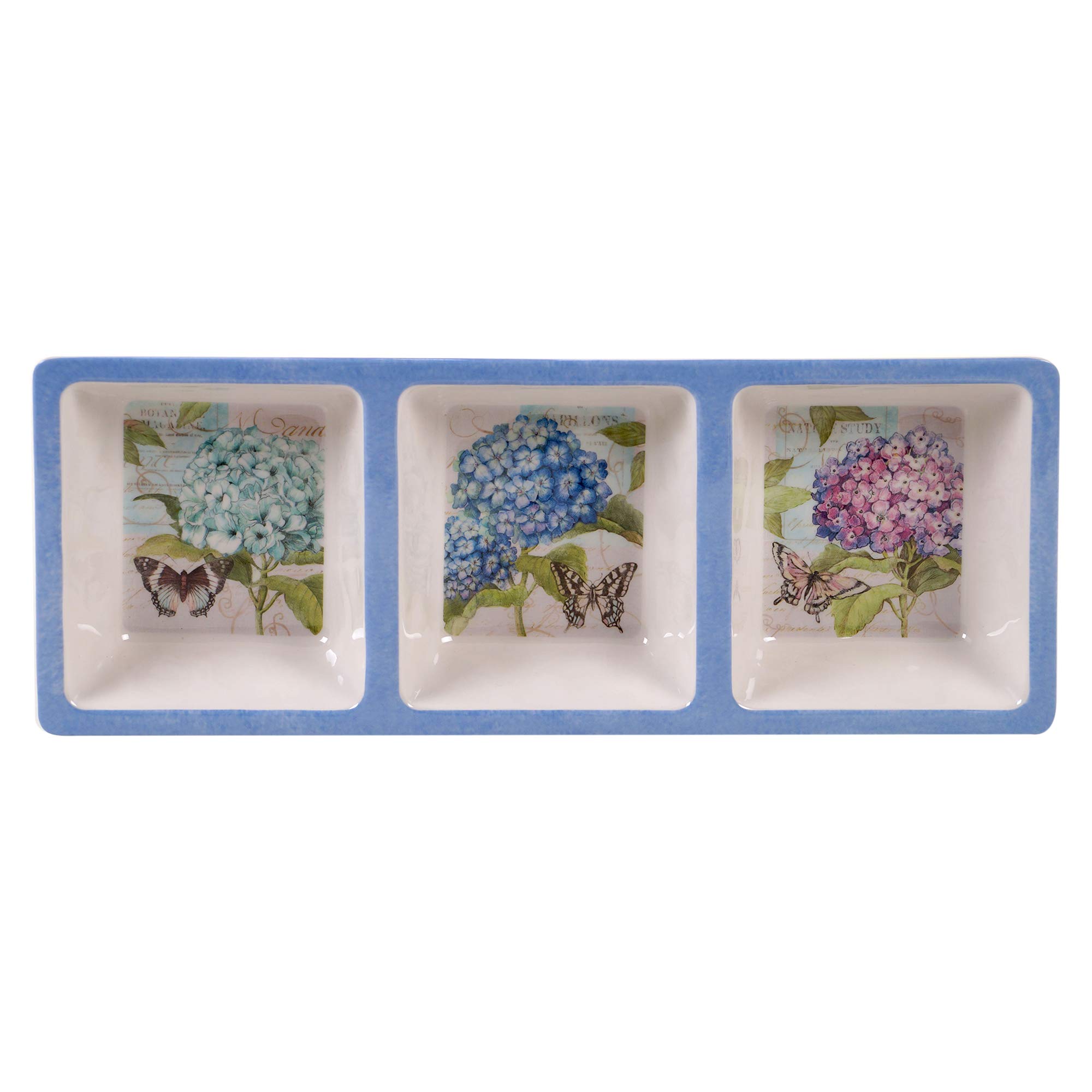 Certified International Hydrangea Garden 3-Section Relish Tray 14.5" x 5.75" Servware, Accessories,Hostess Serving, Multicolor