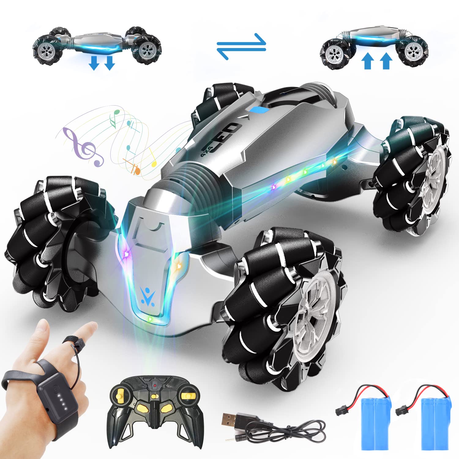 LOOZIX 1:10 Scale Gesture Sensing Rc Stunt Car, 4WD Remote Control Hand Controlled Transform , Double Sided Vehicle 360° Spins with Lights Music, All Terrains Monster Truck for Boys Kids