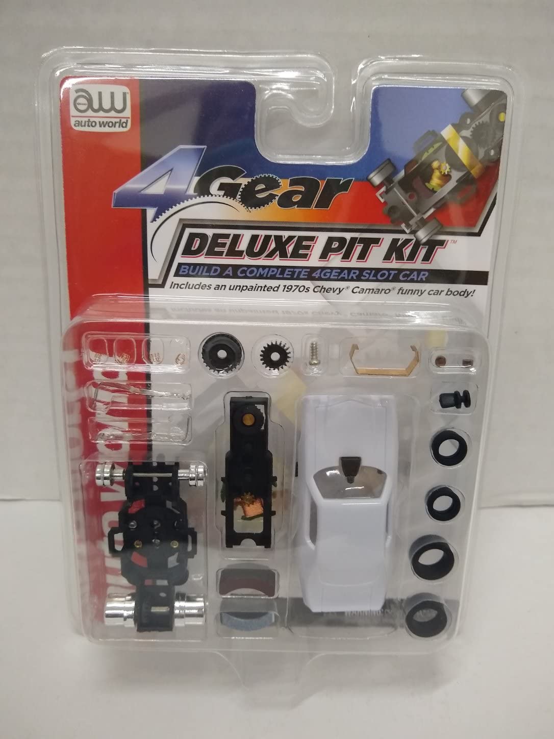 Auto World TRX109 4Gear Deluxe Pit Kit - Build A Complete 4Gear HO Scale Slot Car - Includes unpainted 1970s Camaro Funny Car Body