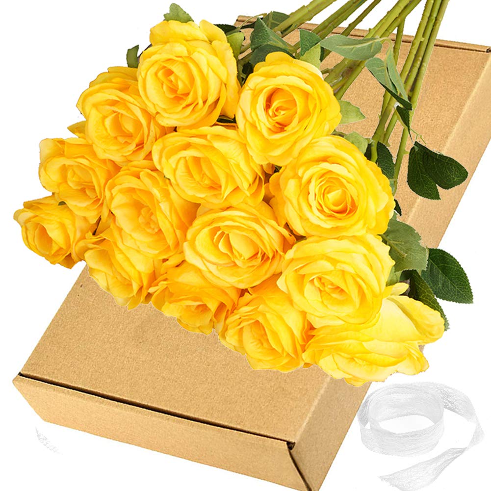 Plobach 12PCS Rose Artificial Flowers Silk Roses Single Long Stem Fake Rose Flower Bouquet Realistic Touch Blossom Arrangement for Wedding Bridal Shower Home Garden Décor (Red-Box)