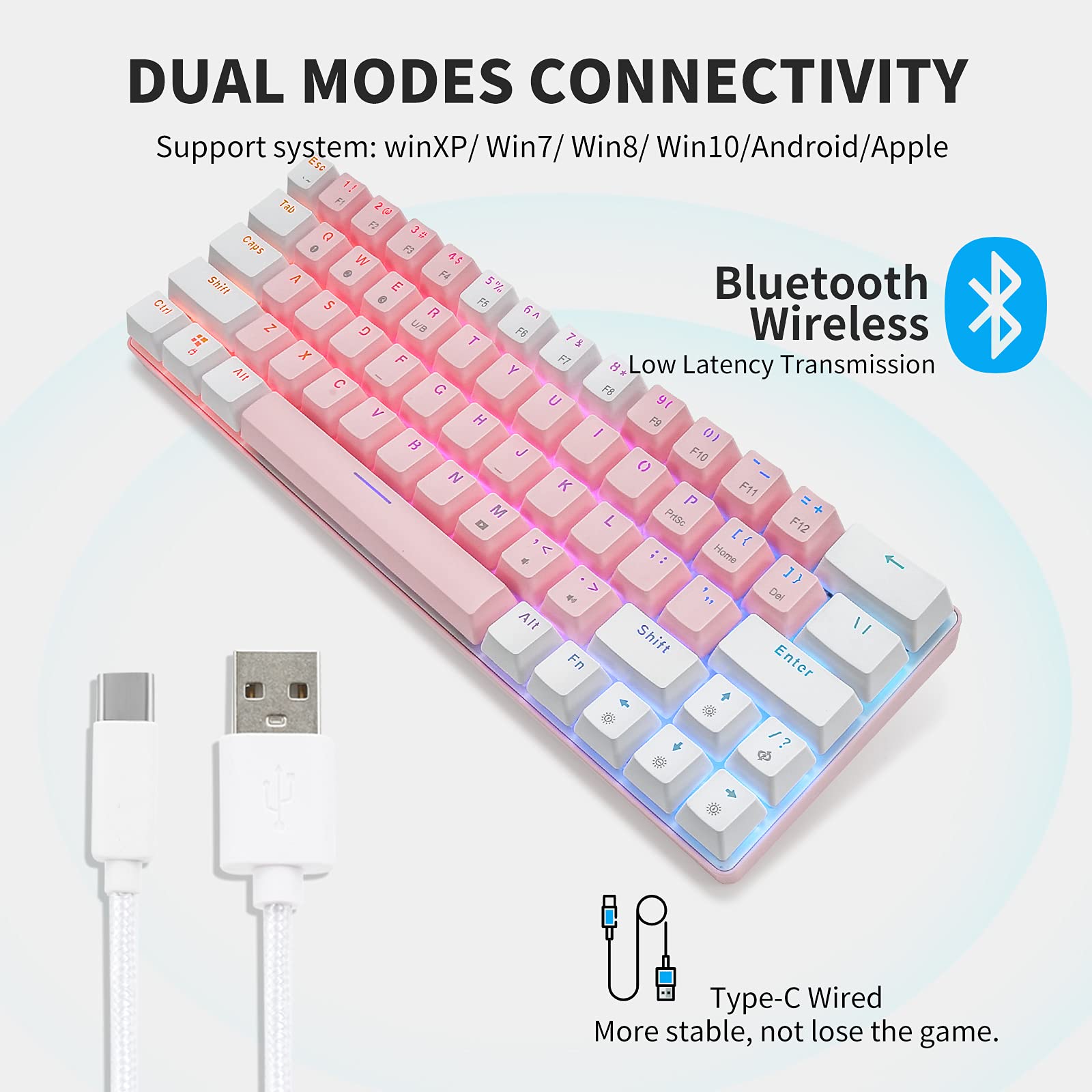 NORCHE 60% Mechanical Gaming Keyboard,Wired/Bluetooth 5.0 Modes,RGB Backlit Ultra-Compact Mini Keyboard, Compact 63 Keys Keyboard for PC/Mac Gamer, Office, Gaming, Home Office