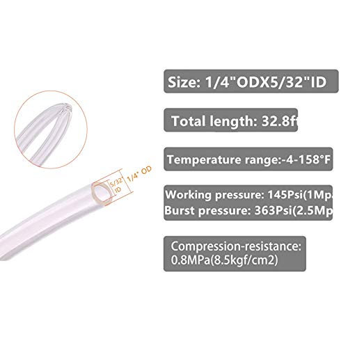 JUNZHIDA Pneumatic Tubing Pipe 1/4" OD Clear Air Compressor PU Line Hose Tube for Water Fluid Transfer 10Meter 32.8ft