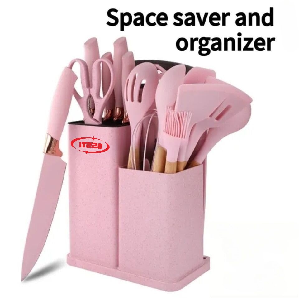 Cooking Utensils Set, 19-Piece Silicone Utensil and Knife Set with Block, Including 11 Silicone Utensils, 5 Stainless Steel Knives, Scissors, Kitchen Utensils Block and Cutting Board by ITZZO-Pink