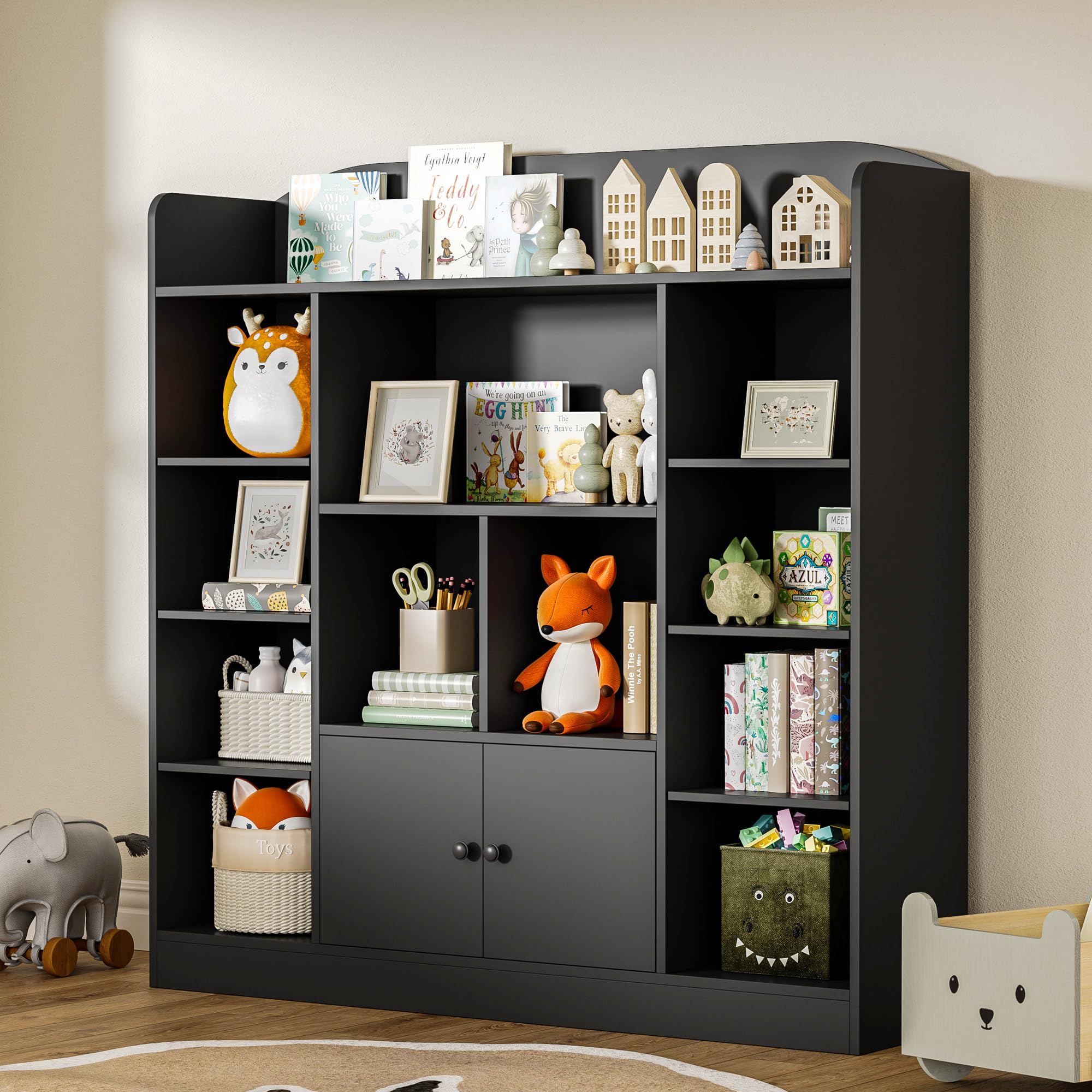 DIYART White Kids Bookshelf, Kids Bookcase with 11 Cubbies and 2 Cabinets, Freestanding Book Storage Shelves for Bedroom, Playroom, Hallway