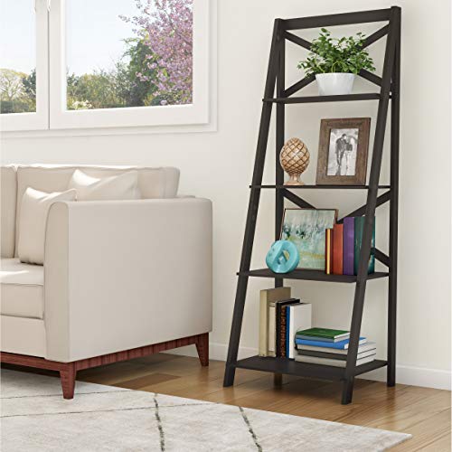 Lavish Home 4-Tier Ladder Bookshelf β Freestanding Wooden Bookcase β X-Back Frame and Leaning Look Decorative Shelves for Home and Office (Black) Set of 1