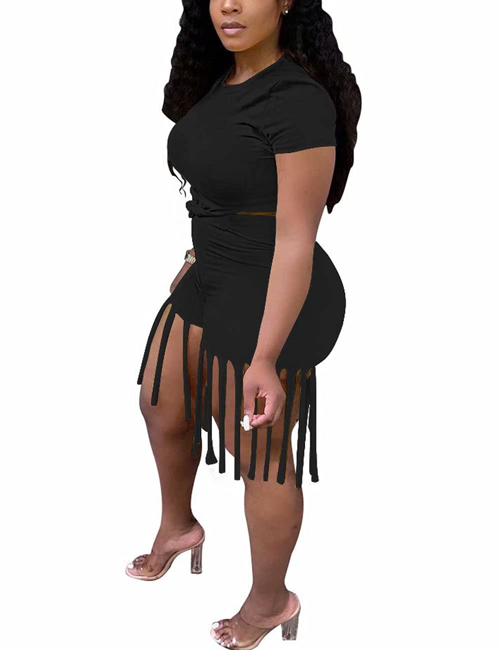 Bluewolfsea Women's Cute Two Piece Outfits Short Sleeve Shirt Top and Tassel Bodycon Shorts Tracksuit Medium
