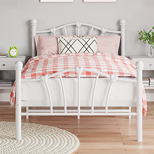 IDEALHOUSE Metal Platform Twin Bed Frame Mattress Foundation with Iron-Art Sweat Heart Headboard & Footboard/Firm Support & Easy Set up Structure, White