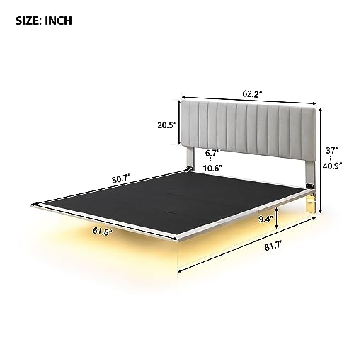 CITYLIGHT Upholstered Floating Bed Frame,Smart LED Bed Frame with Sensor Light and Headboard, Modern Velvet Floating Bed for Girls Boys Teens Adults, Grey