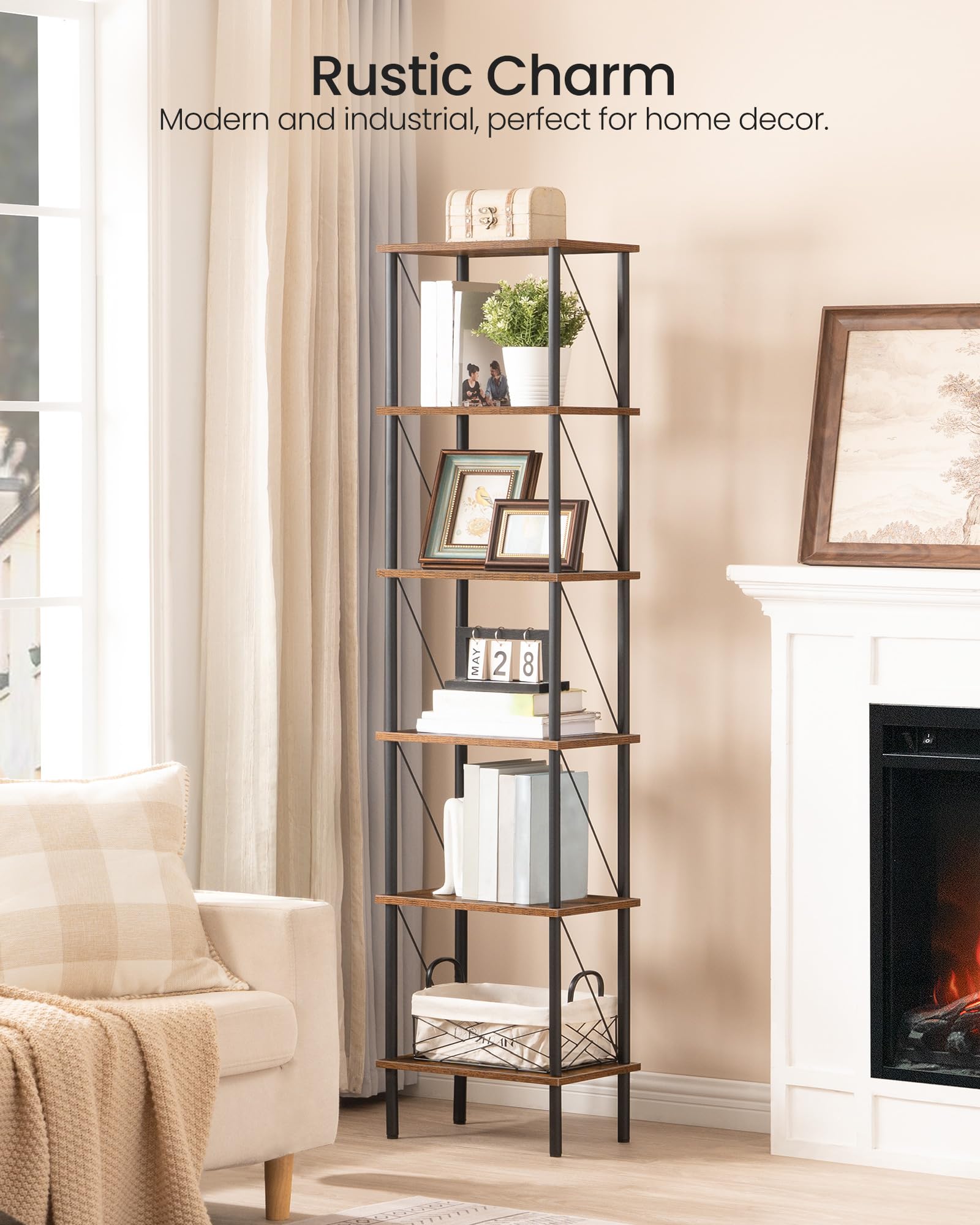 CHOEZON Narrow Book Shelf 6-Tier 67.2" Tall Bookcase with Protective Diagonal Braces, for Living Room, Bedroom, Study, Balcony, Rustic Brown and Black TCJ06BF