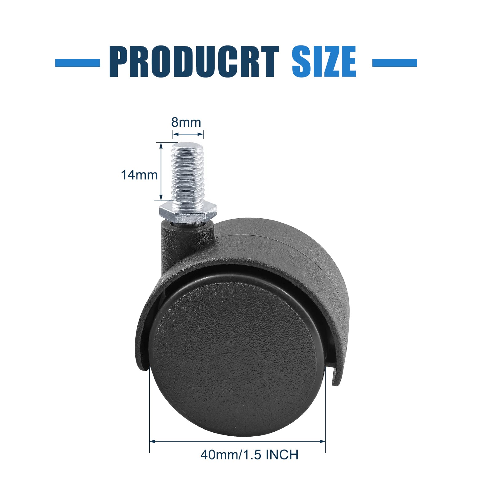 BokWin 4 Pcs 1.5" Plastic Casters Shelving Caster,M8 Stem Nylon Furniture Wheel Replacement Threaded Stem Swivel Cart Wheels for Office Chair Commodity Shelf Black Tone Without Brake, Black