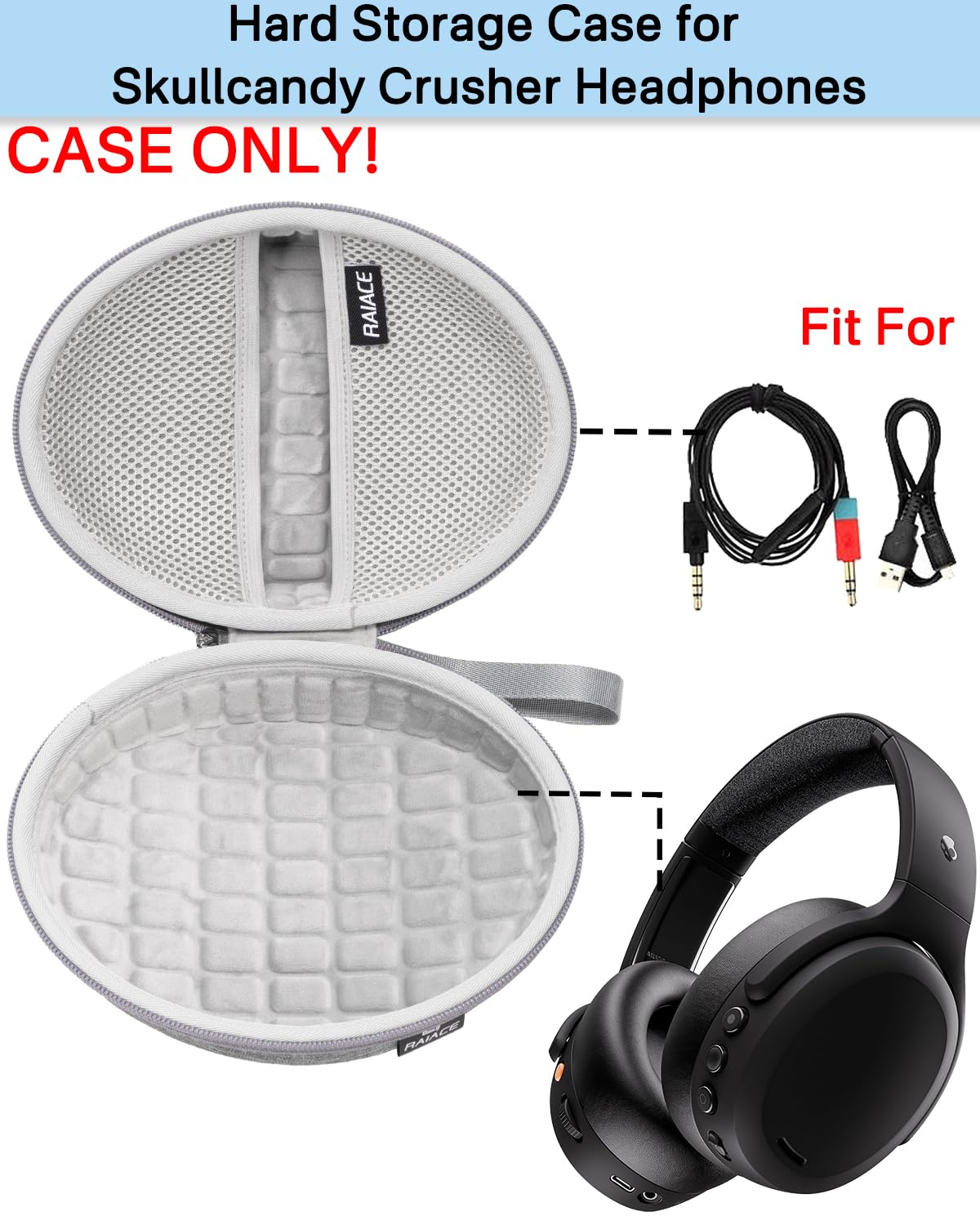 Hard Travel Carrying Case Compatible with Skullcandy Crusher Over-Ear Headphones. (Case Only, Not Include The Device)-Gray(Gray Lining)
