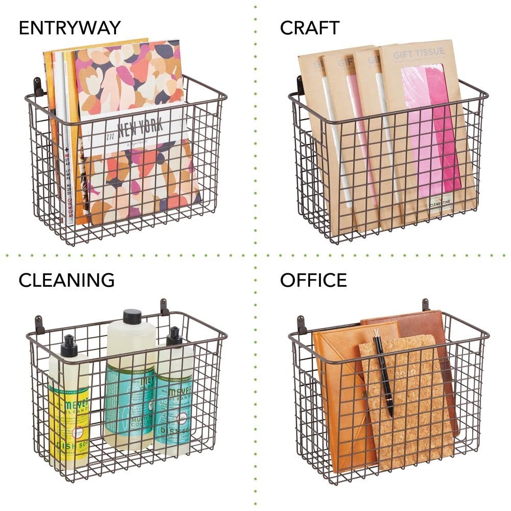 mDesign Portable Metal Wire Wall Mount Decor Storage Organizer Basket Bin - Hang in Kitchen, Garage, Entryway, Mudroom, Bedroom, Bathroom, Laundry Room - Concerto Collection - 2 Pack - Bronze