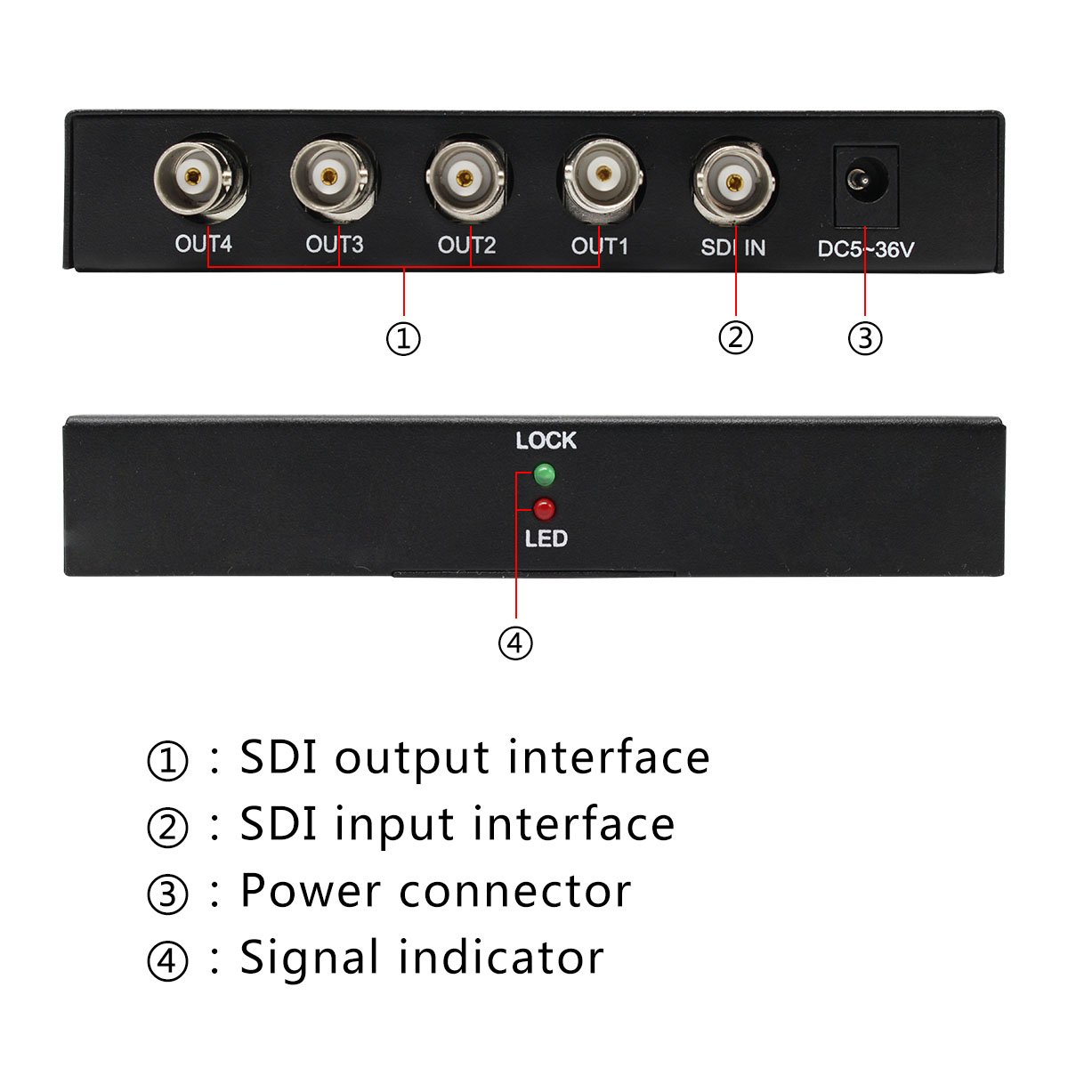 Wiistar SDI 1x4 Splitter Black Amplifier Splitter 1 in to 4 Out SD-SDI HD-SDI 3G-SDI Repeater Extender