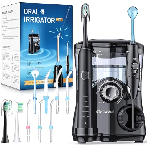 Electric Toothbrush with Water Flosser,600ML Oral Irrigator Water Flosser with 7 Jet Tips,10 Adjustable Water Pressure,Sonic Electric Toothbrush with 2 Brush Heads,5 Modes(Black)