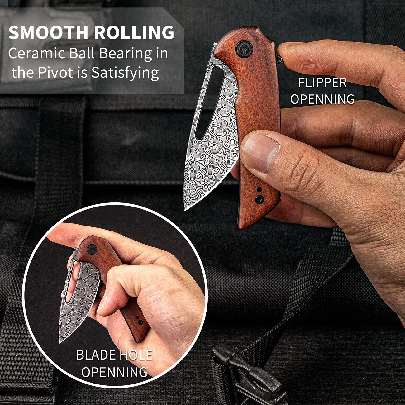CIVIVI Odium Small Damascus Folding Knife โ2.65" Flipper Pocket knife for EDC Camping, Cuibourtia Wood Handle, Ball Bearings Pivot, Reversible Deep Carry Clip C2010DS-1