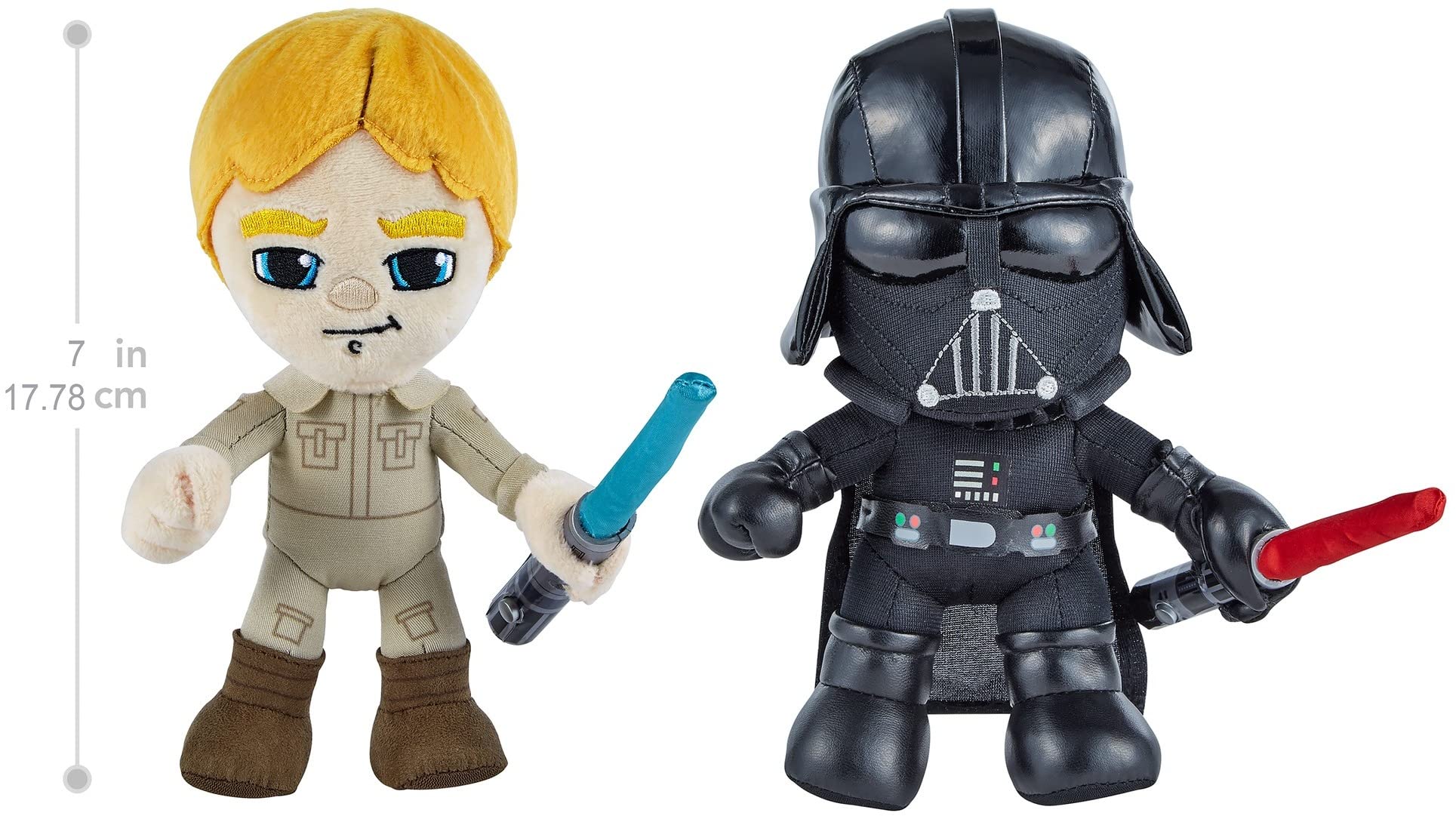 Mattel Star Wars Plush 6-inch Figure 2-Pack, Luke Skywalker vs Darth Vader, Lightsaber Duel Set of 2 Soft Dolls with Light-up Weapons