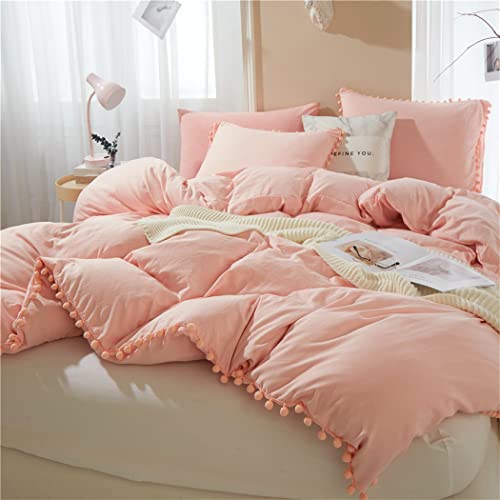 IHOUSTRIY Duvet Cover Queen Size,100% Washed Microfiber 3pcs Bedding Duvet Cover Set, Pom Poms Fringe Solid Color Soft and Breathable with Zipper Closure & Corner Ties - Pink