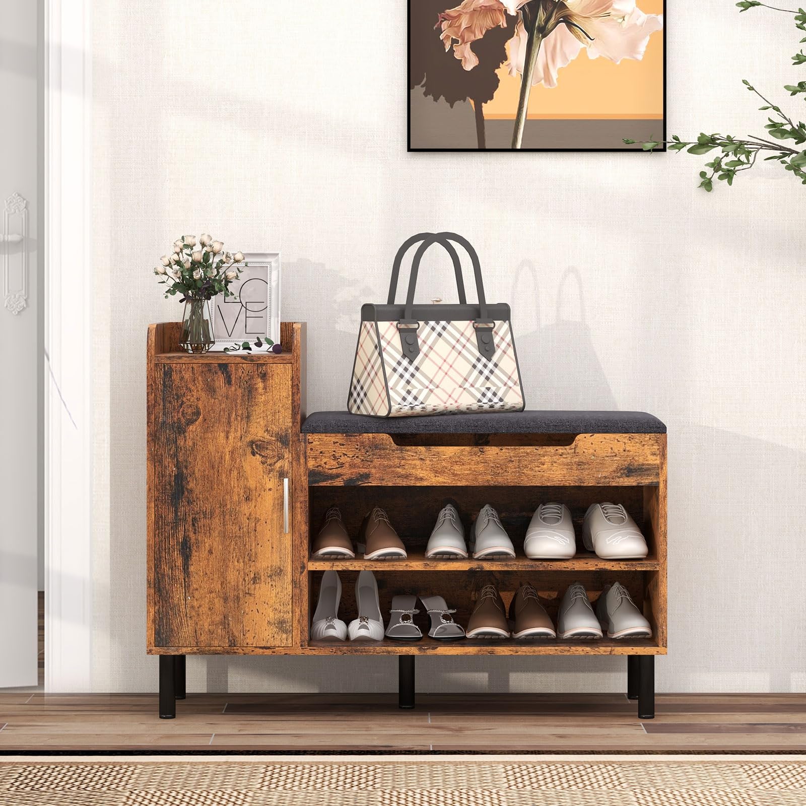 Bonzy Home Shoe Cabinet with Flip Top Storage, 2 Tiers Shoe Storage Bench with Cushion Seat for Entryway, Hallway, Bedroom, Rustic Brown