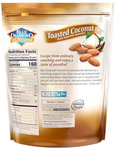 Blue Diamond Almonds Toasted Coconut Flavored Snack Nuts, 14 Oz Resealable Bag (Pack of 1)