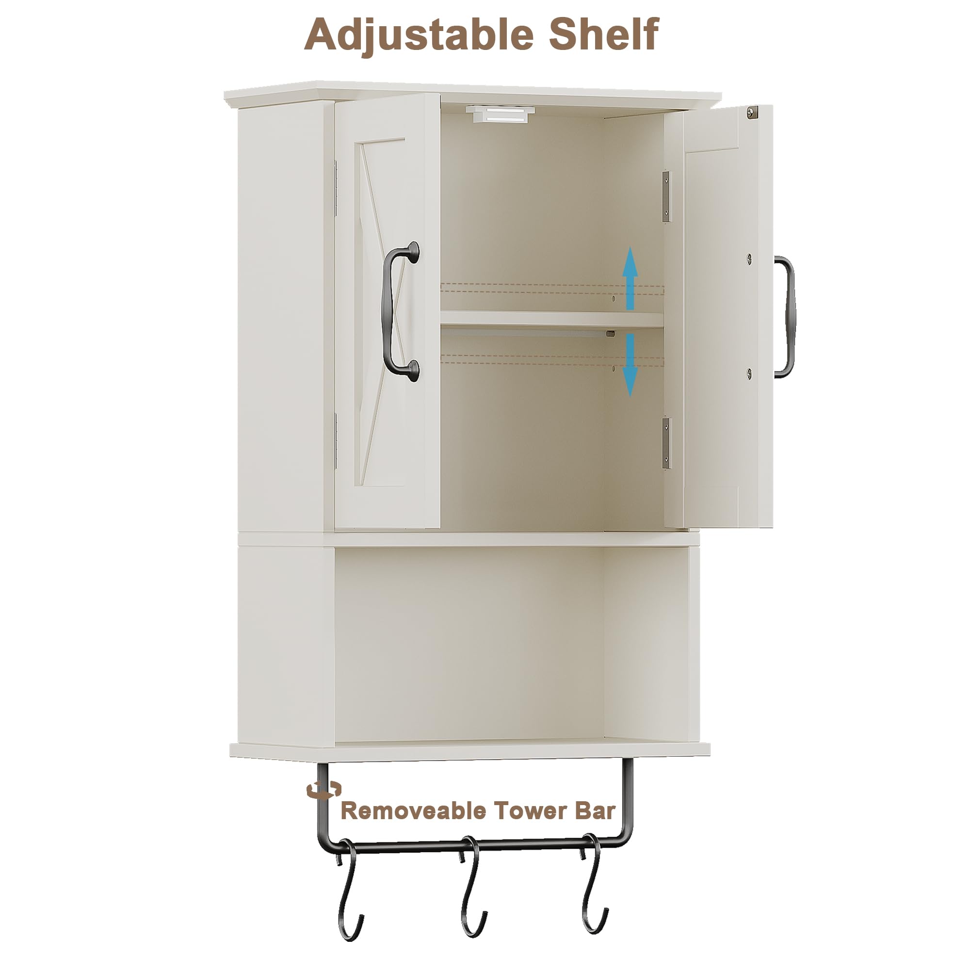ChooChoo Farmhouse Medicine Cabinet, Bathroom Wall Cabinet with Adjustable Shelf, Towel Bar, 3 Hooks, Over The Toilet Storage Cabinet for Bathroom, Kitchen, White