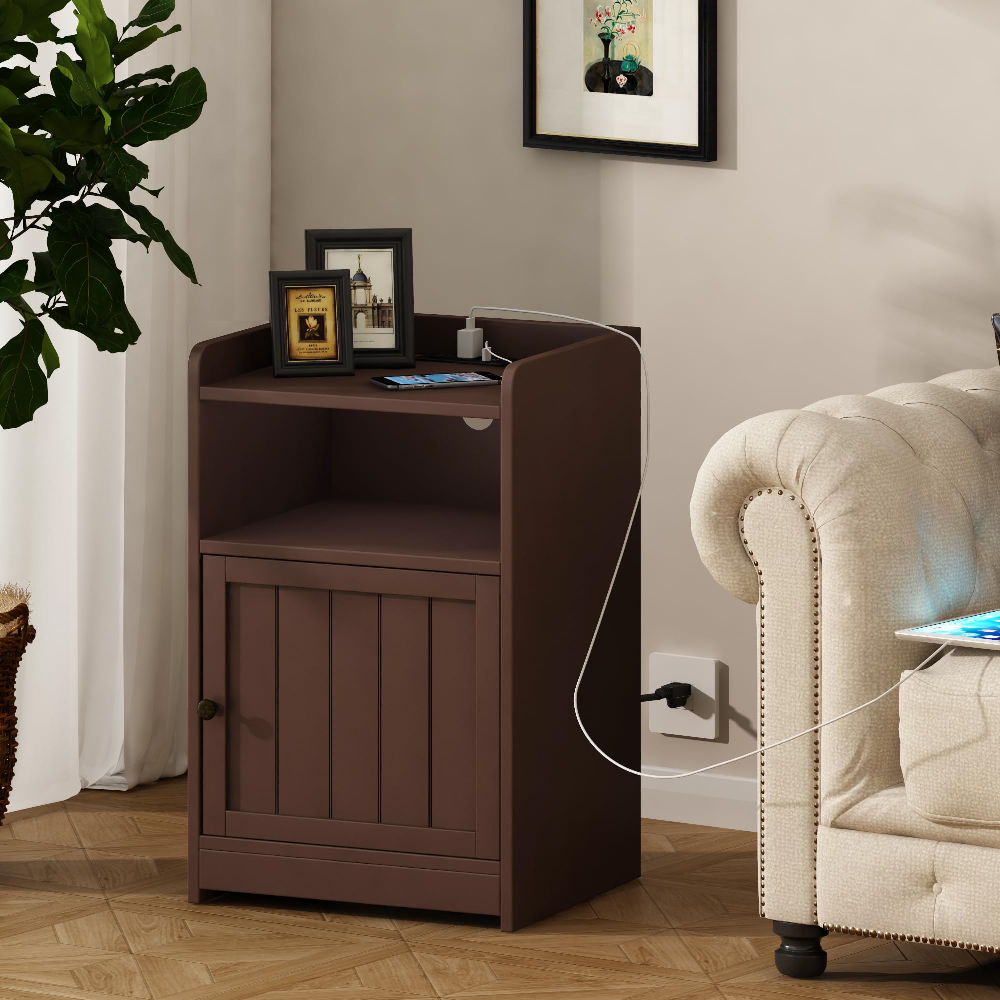 ChooChoo Nightstand with Charging Station Set of 2, Night Stand with Cabinet and Open Storage, Bed Side Table for Bedroom, Espresso