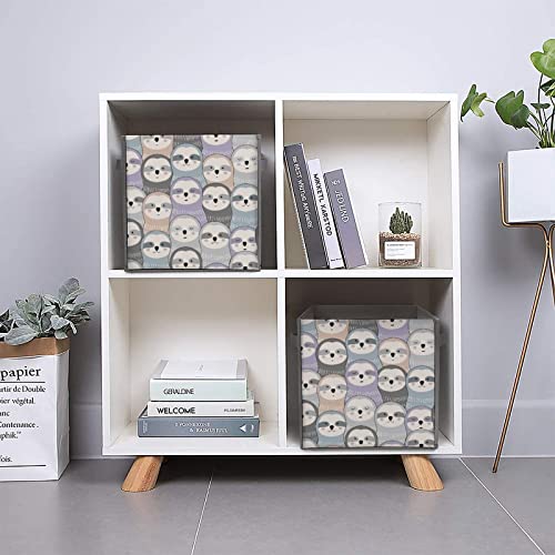 Cute Sloths Foldable Storage Bins Printd Fabric Cube Baskets Boxes with Handles for Clothes Toys, 11x11x11