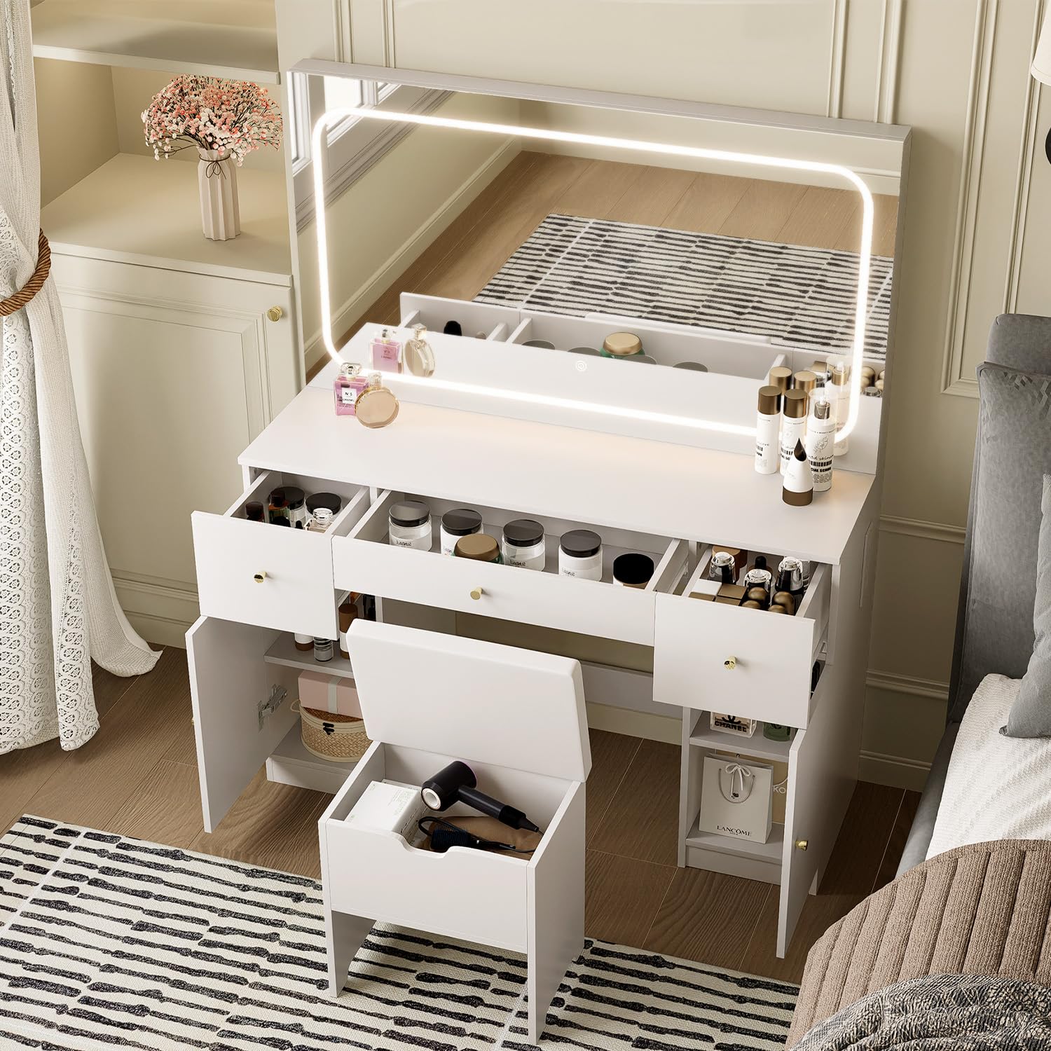 ClouDDwell Makeup Vanity Desk with Large Mirror and LED Lights, 3 Lighting Modes and Power Outlet. Makeup Vanity with 3 Drawers,2 Cabinets and Chair, Stool with Storage, for Bedroom, White, 1 Case