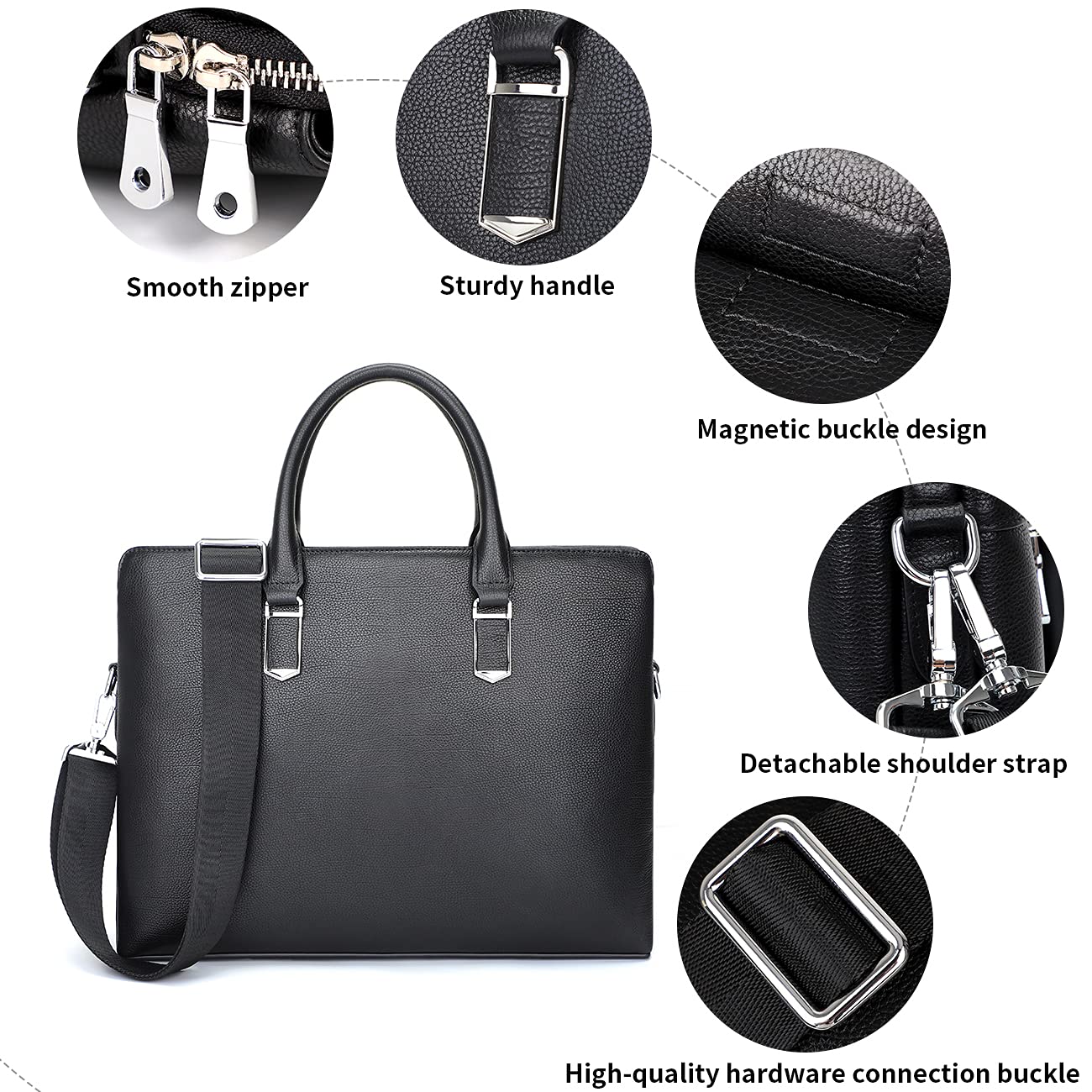 Augus Leather Briefcase Messenger Laptop Bag for Men Women 14 inch Water Resistant Anti Theft Durable for Work Travel (Black)
