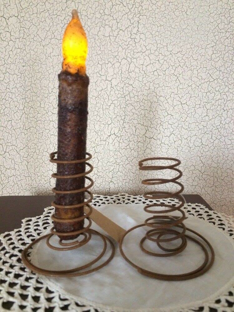 Two Rust Wire Spiral Taper Candle Holders Primitive Design Reproduction Springs Home and Garden