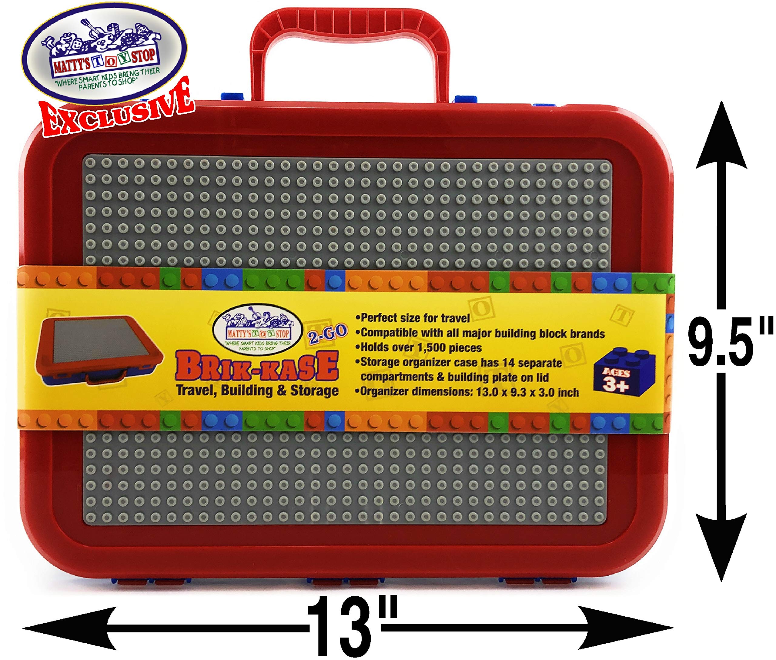 Matty's Toy Stop Brik-Kase 2-GO 13" Travel, Building, Storage & Organizer Container Case with Building Plate Lid (Holds Approx 1,500pcs) - Compatible With All Major Brands (Blue, Red & Gray)