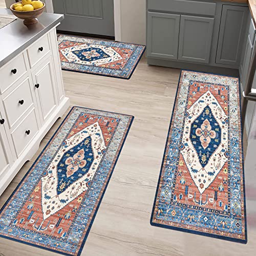 Pauwer Boho Kitchen Rugs Sets of 3 Farmhouse Kitchen Runner Rugs and Mats Non Skid Washable Kitchen Mats for Floor Cushioned Waterproof Kitchen Floor Mat Laundry Room Area Rug Runner Carpet