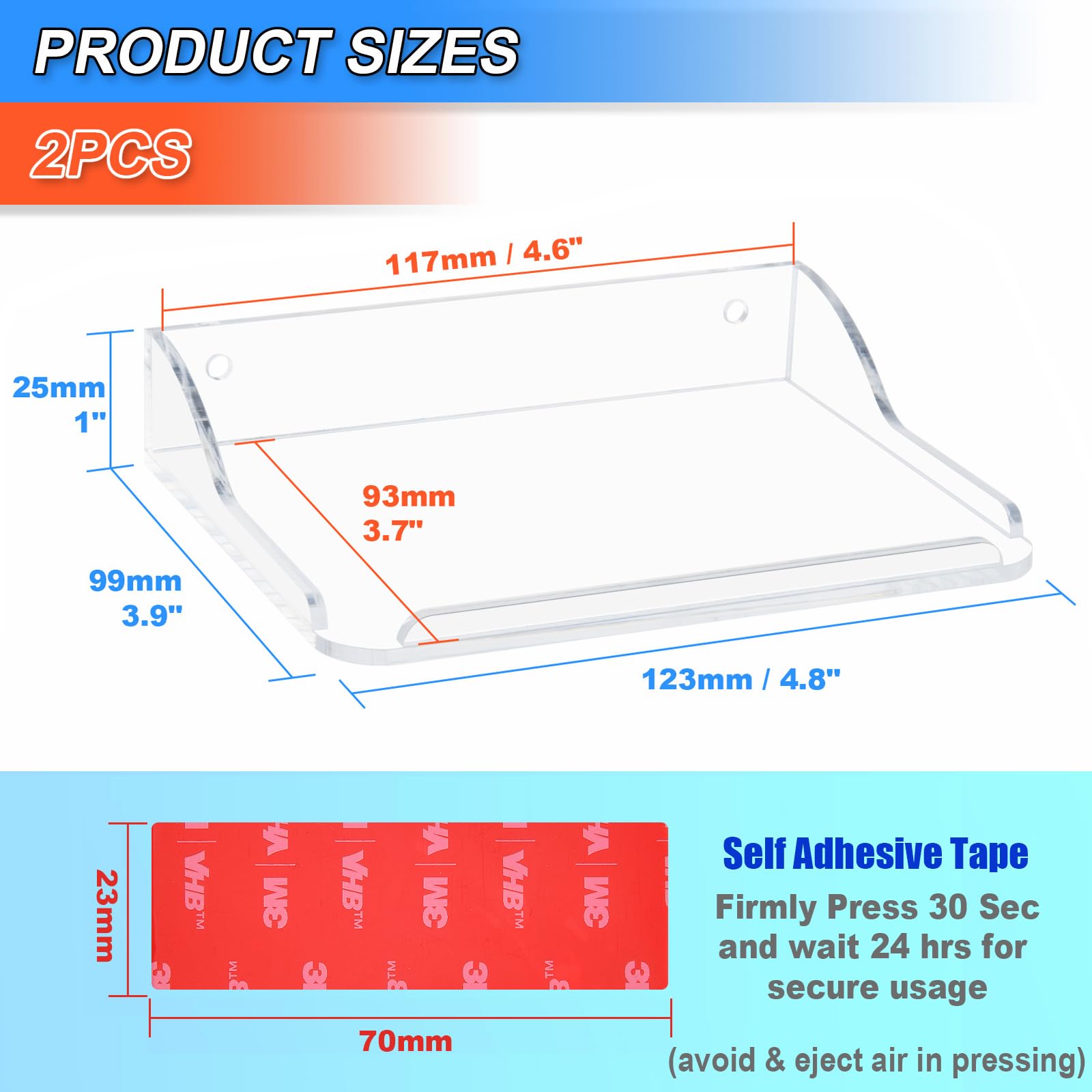 Cosmos 2 Pcs Acrylic Display Shelves Wall Figure Display Stand Floating Shelves Compatible with Funko Pop Figure Collection Box (4.5" x 3.5") - With Screws and Self Adhesive Tape, Transparent Clear