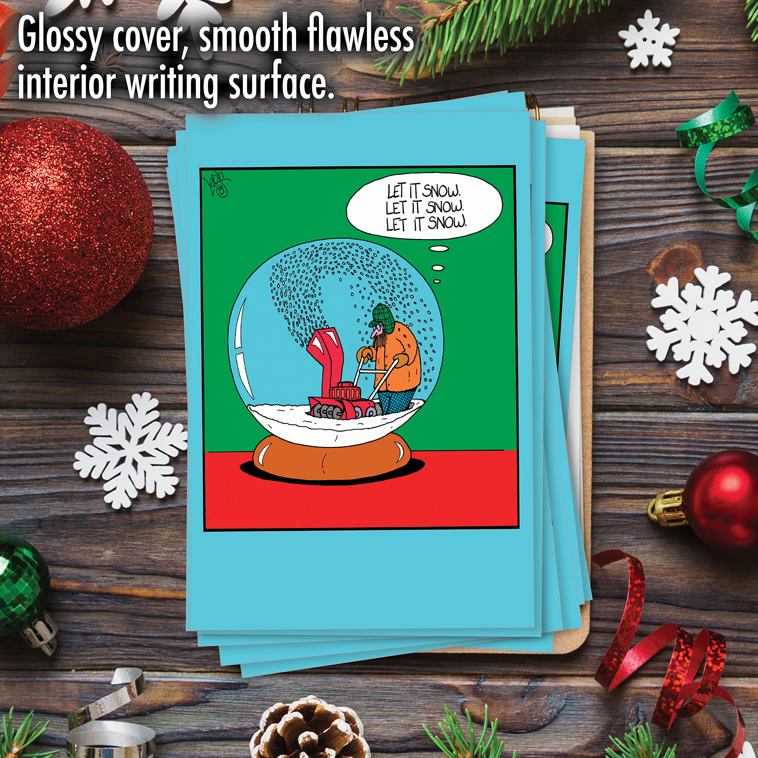 NobleWorks - 12 Cartoon Merry Christmas Cards Funny - Adult Happy Holiday Greetings, Boxed Notecards Bulk (1 Design, 12 Cards) - Snowglobe Blower C7086XSG-B12x1